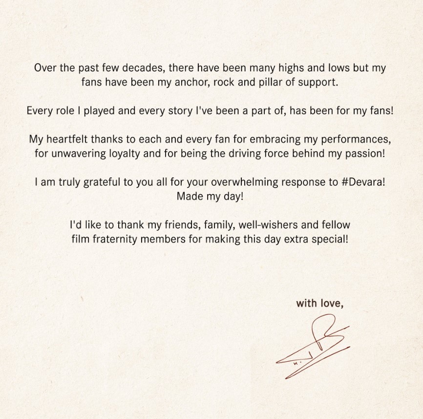 'RRR' star Jr NTR pens special 'thank you' note for fans post birthday