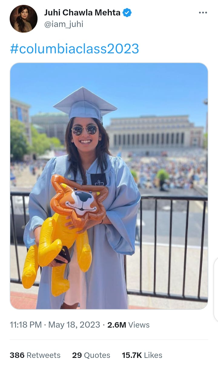 Juhi Chawla feels 'happy and proud' as daughter Jahnavi Mehta graduates