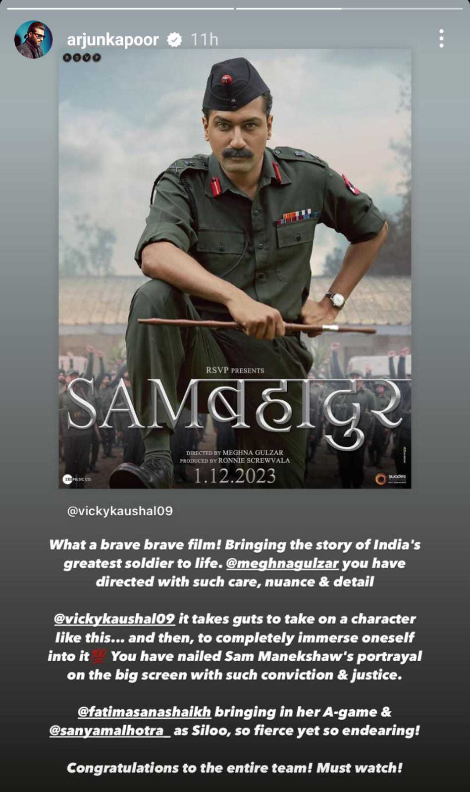 Arjun Kapoor commends Vicky Kaushal, team for 'Sam Bahadur'