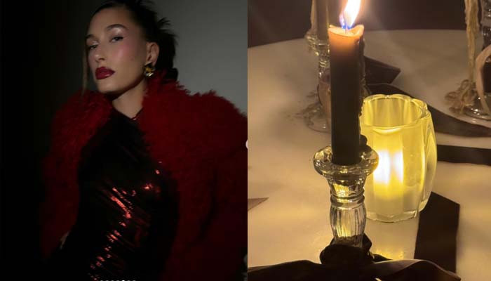 Watch: Hailey Bieber stuns in red leather dress at Rhode's holiday bash