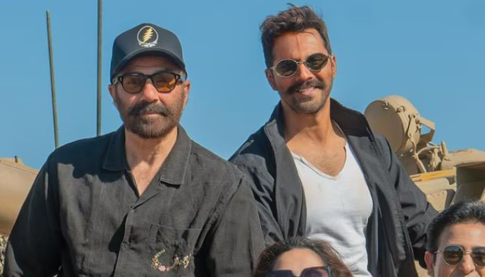Varun Dhawan poses with Sunny Deol on 'Border 2' set
