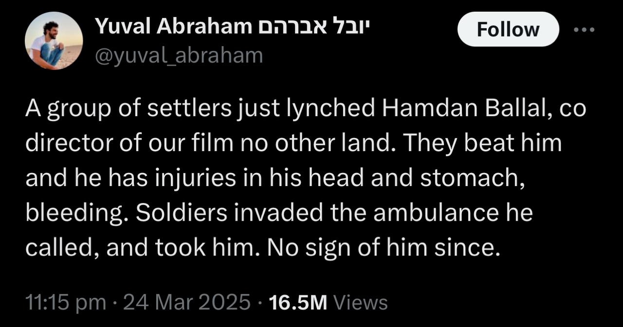 'No Other Land' director Hamdan Ballal missing after brutal attack